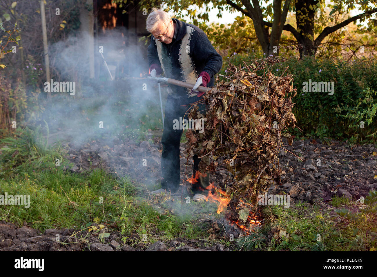 Senior man making a bonfire in the garden Stock Photo - Alamy