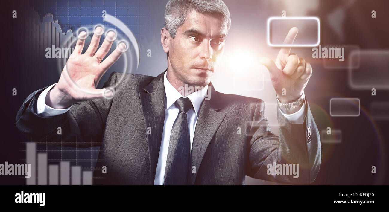 business man pressing a virtual button Stock Photo - Alamy