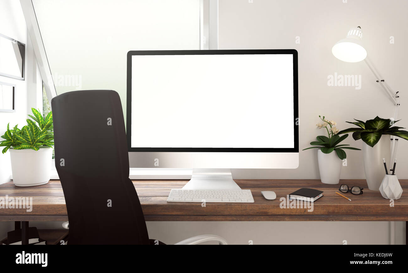 Computer with blank screen on table 3d rendering Stock Photo - Alamy