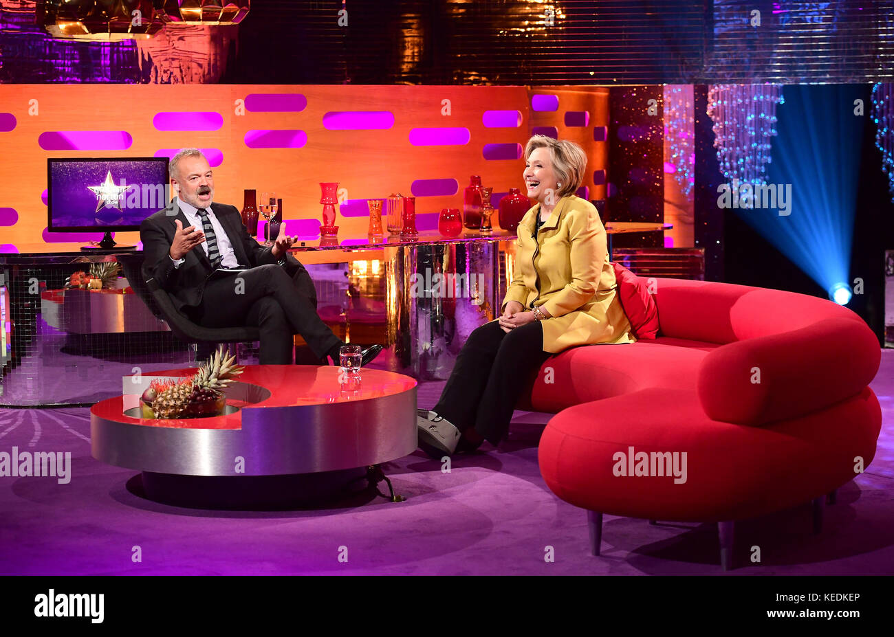 Hillary Clinton with host Graham Norton during filming of The Graham ...