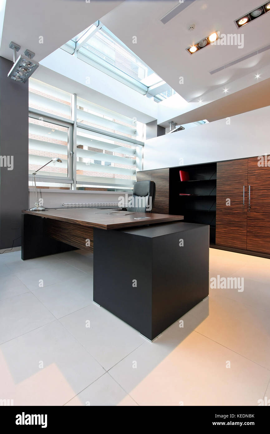 Private office interior with large window and modern furniture Stock ...