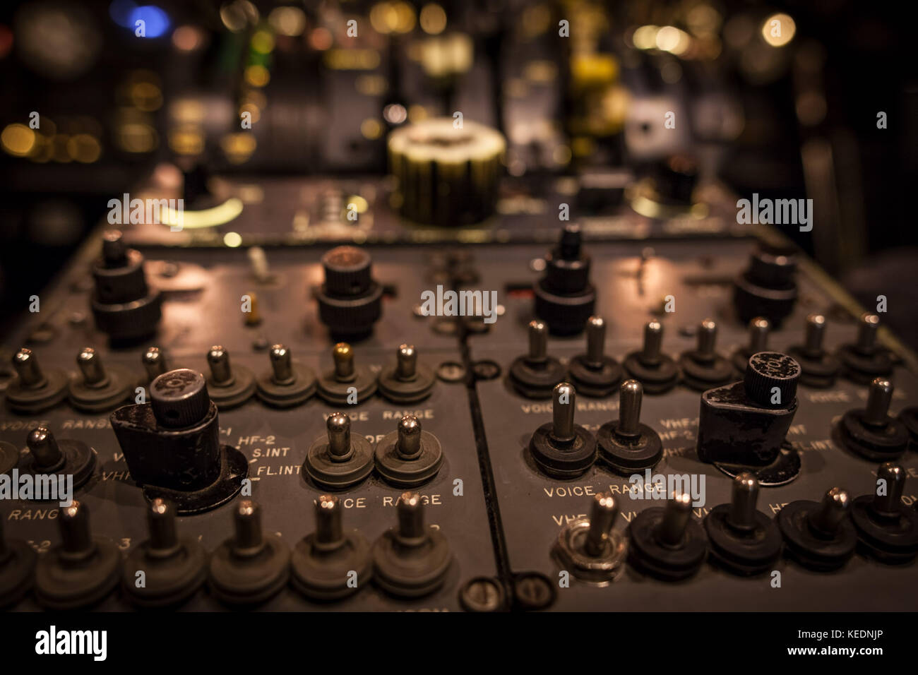 Control switches in airplane cockpit closeup with selective focus Stock ...