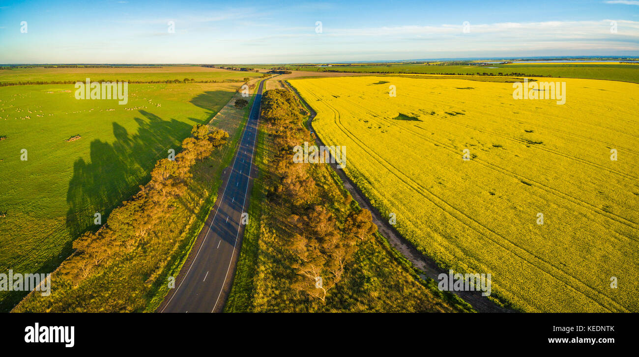 Aerial panorama of rural road passing through agricultural land and ...
