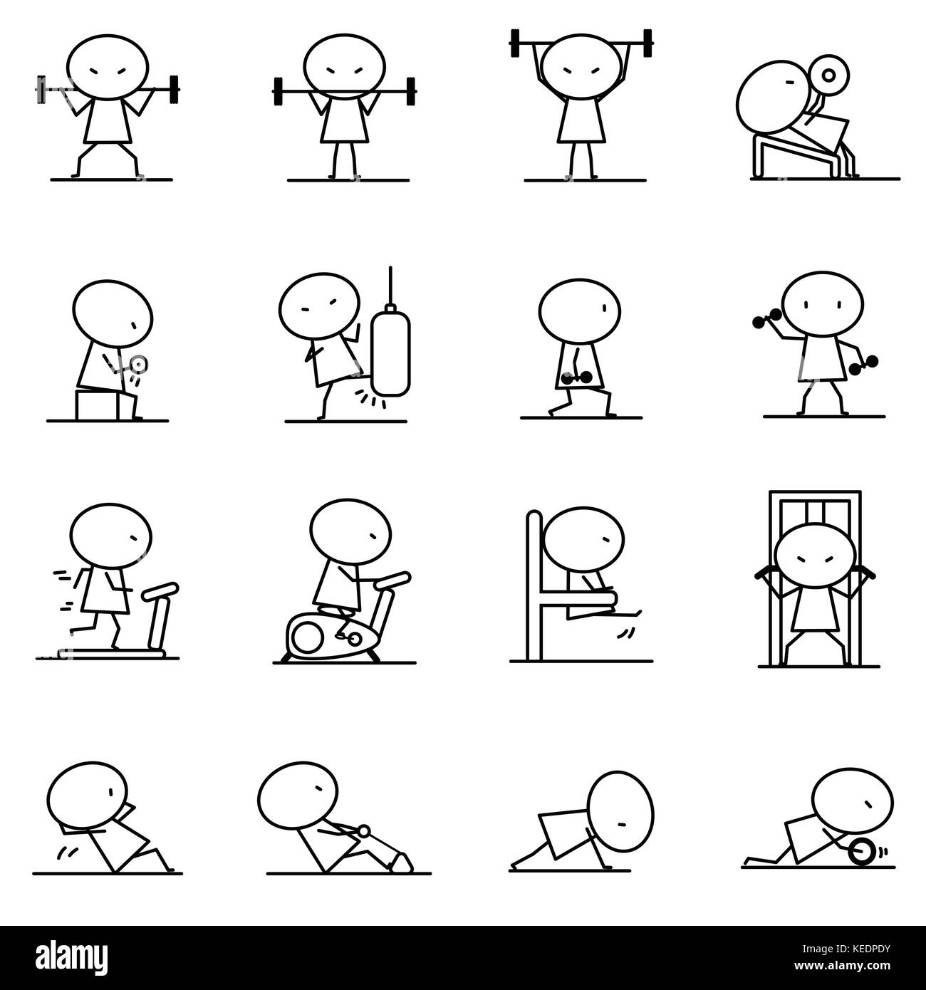 Set of Cartoon simple line character in variety action of Excercise ...