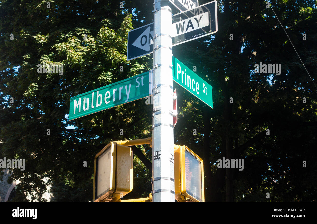 Street signs for Mulberry and Prince Streets in Nolita in New York City ...