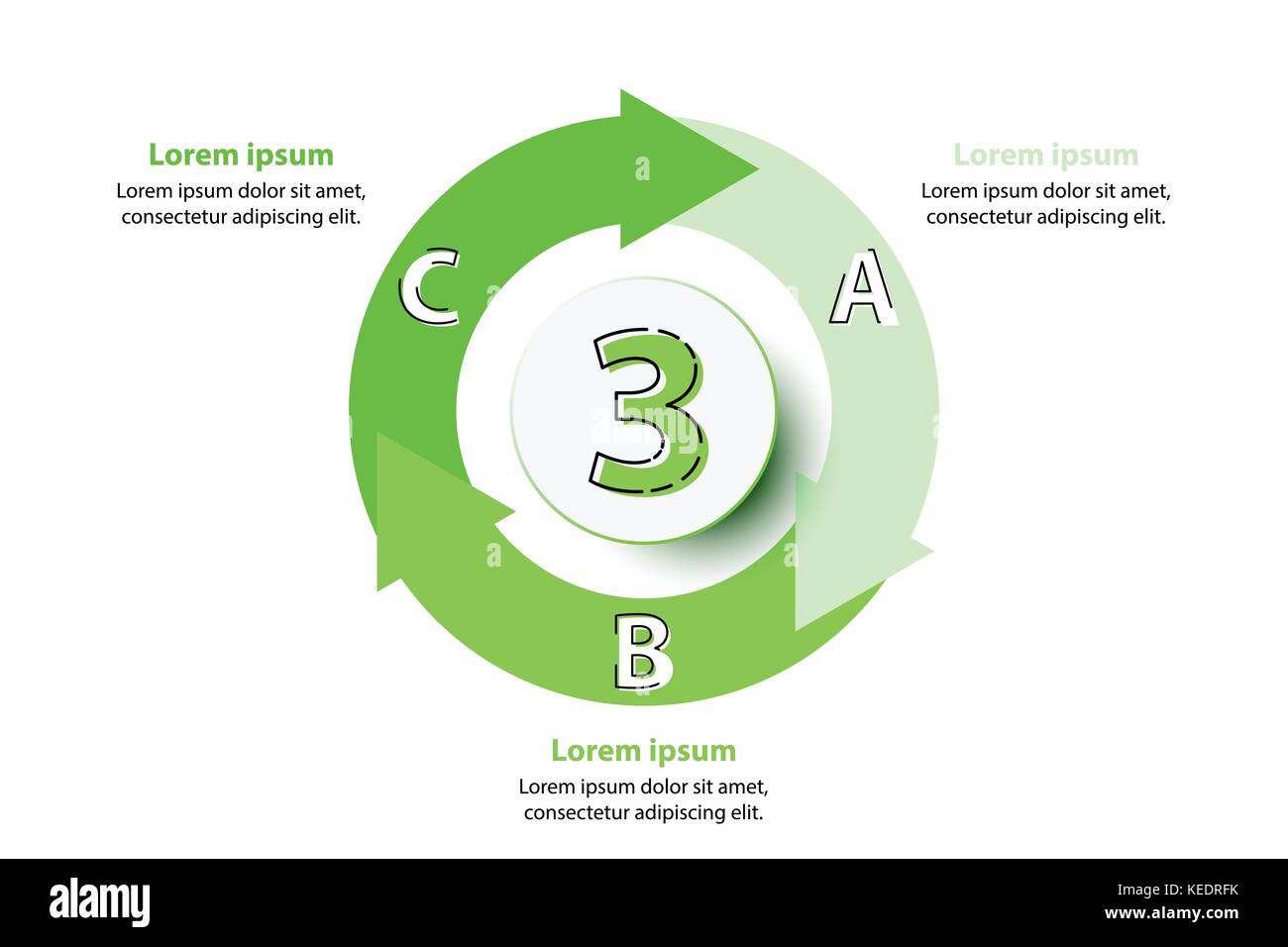 Three topics green arrow chart with 3d paper circle in center for ...