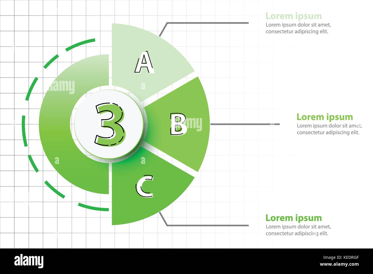 Three topics of Green half pie chart with 3d paper circle in center for ...