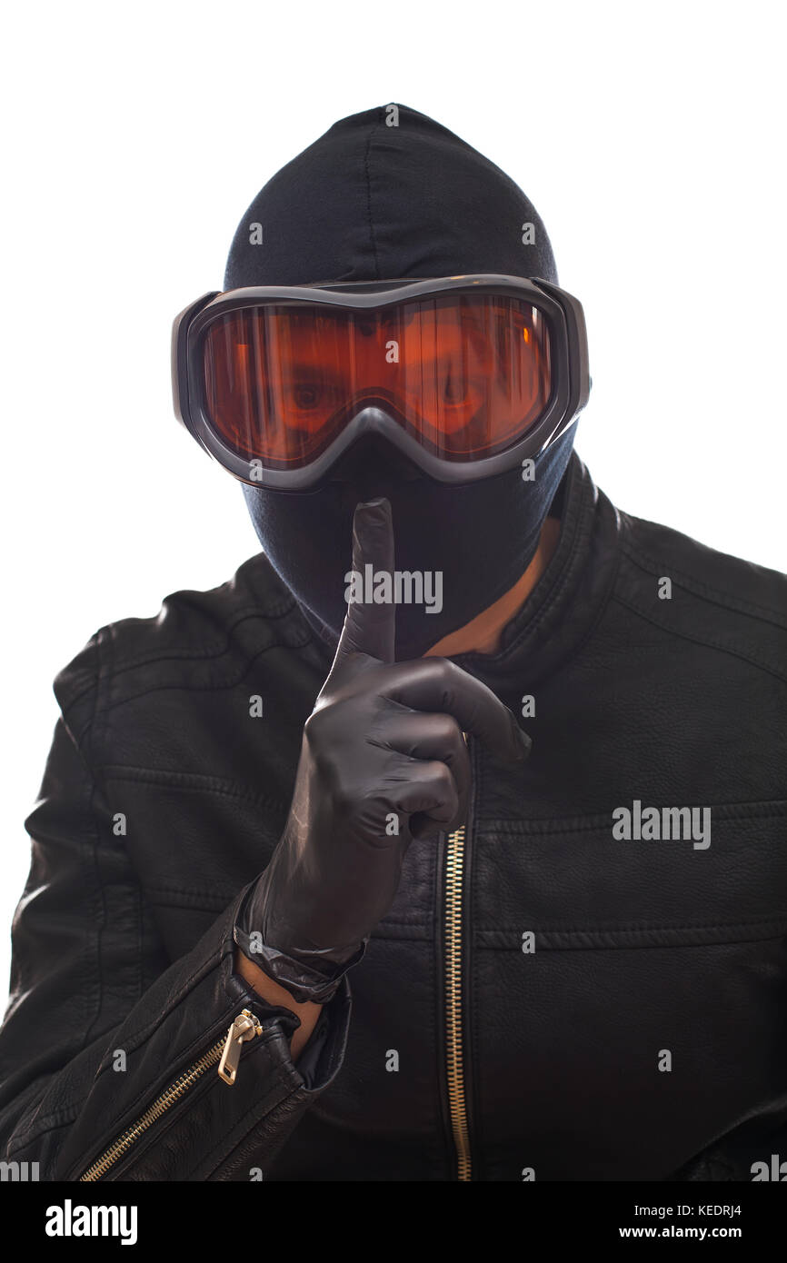 Dangerous burglar dressed in black wearing a mask on head - isolated ...