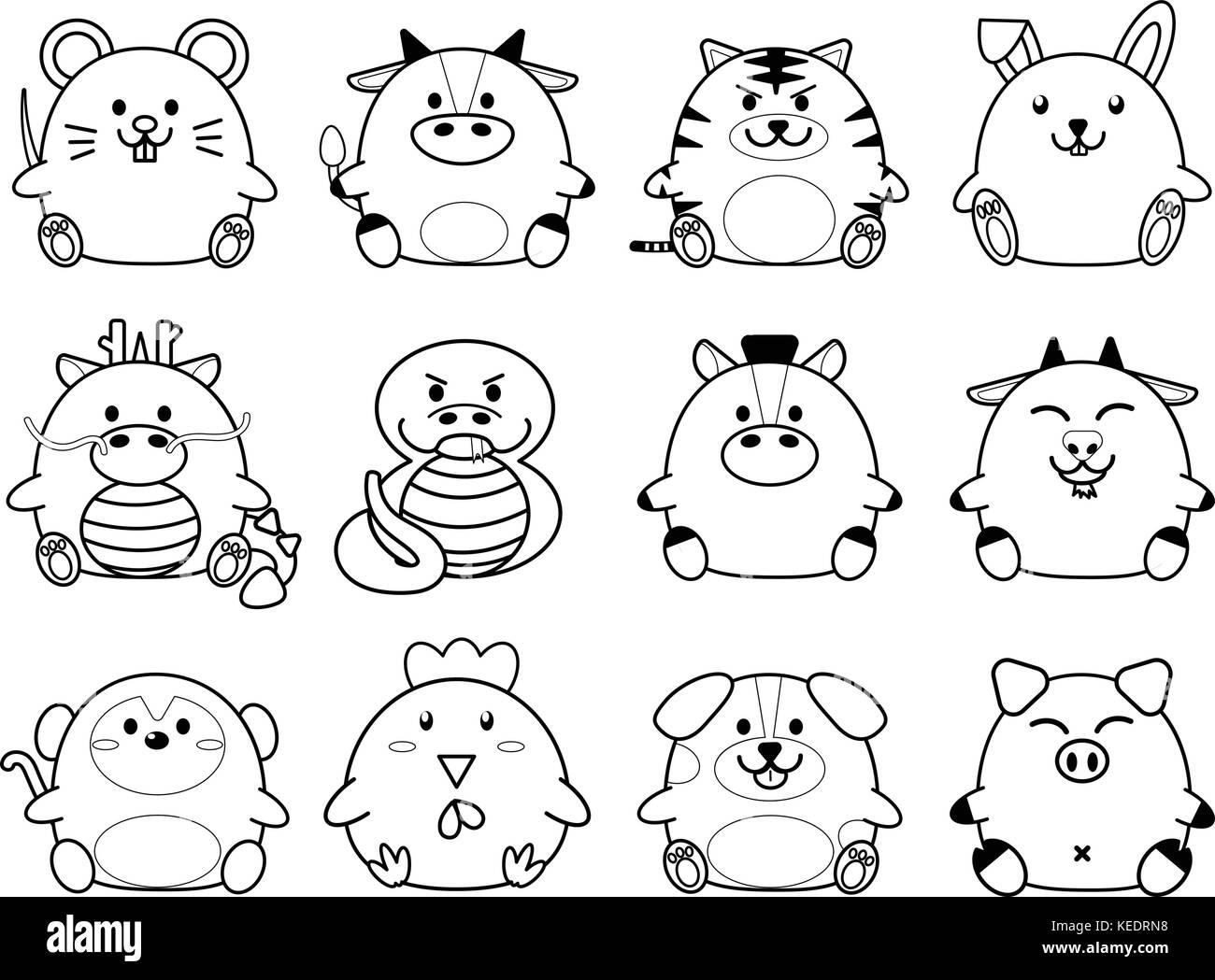 Simple outline cute fatty cartoon of chinese zoidac horoscope animal ...