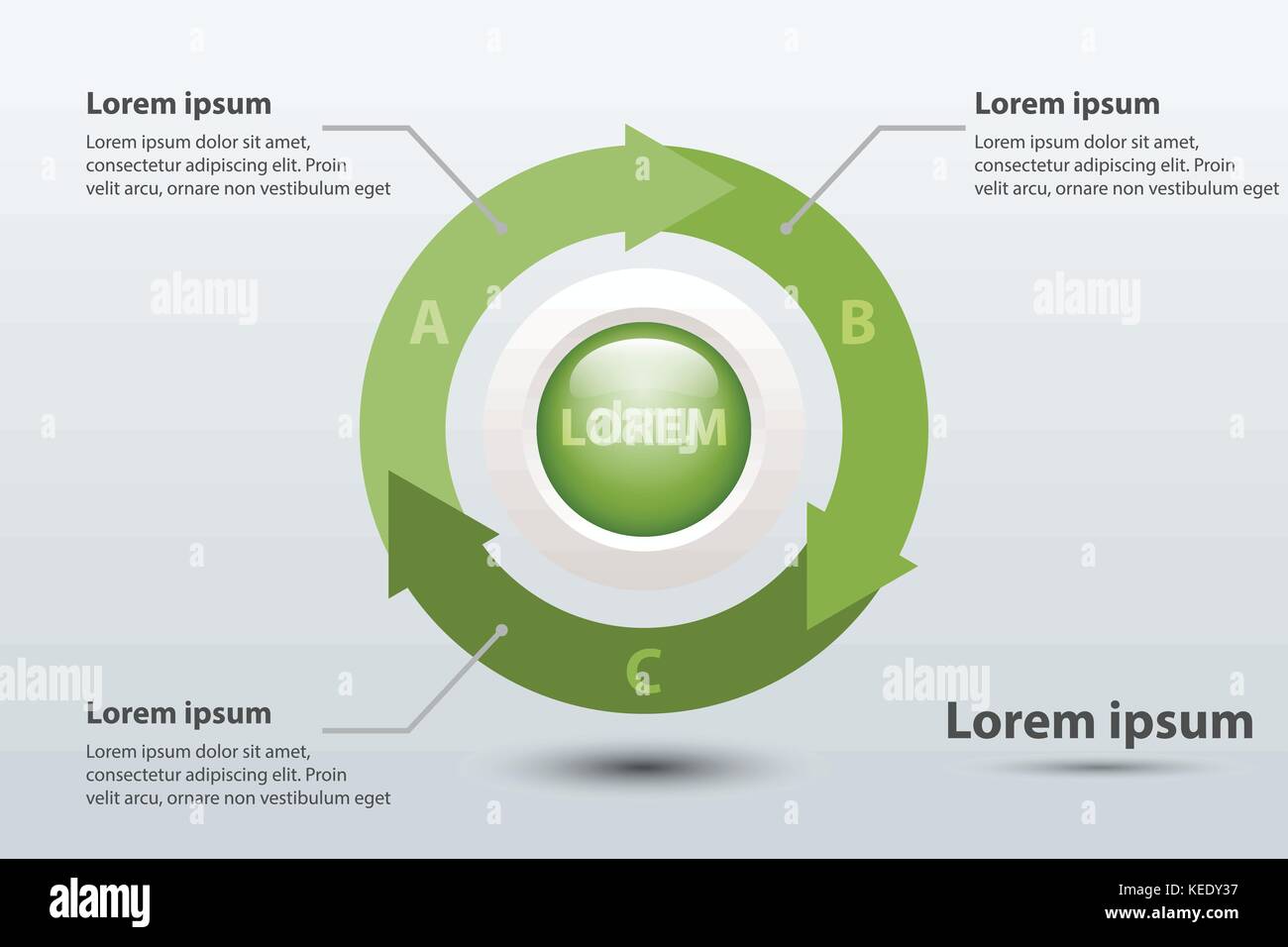 Three topics green arrow chart 3d paper with circle in center for ...