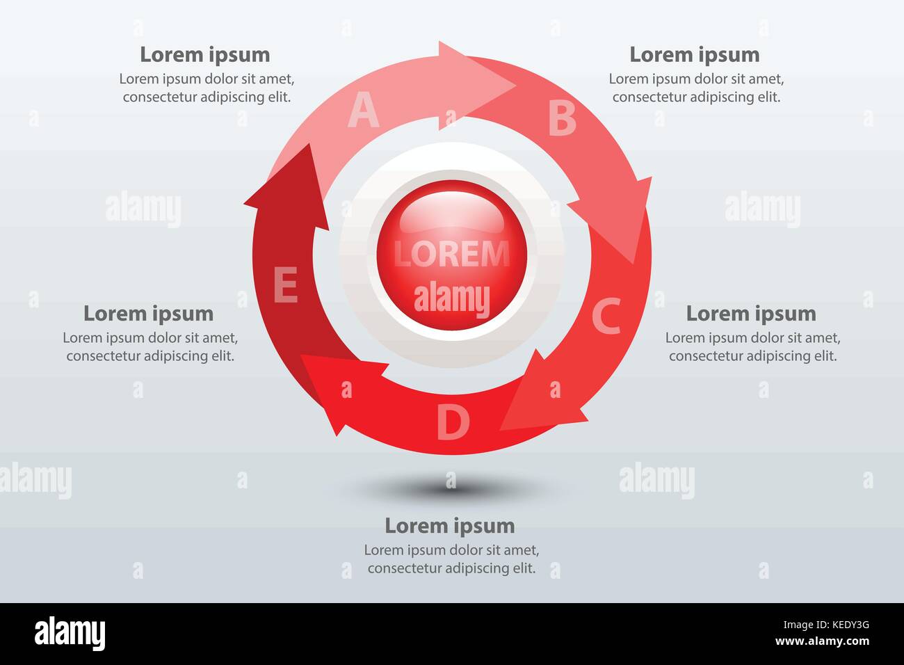 Five topics red arrow chart 3d paper with circle in center for website ...