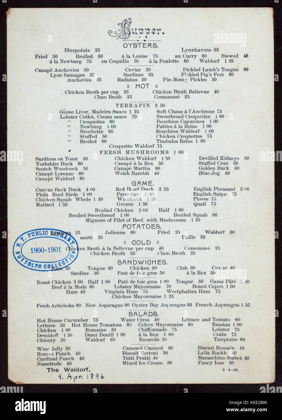 SUPPER MENU (held by) THE WALDORF (at) (NEW YORK, NY ) (HOT;) (NYPL ...