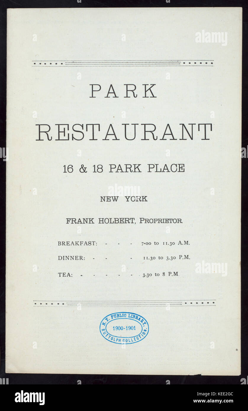 MENU (held by) PARK RESTAURANT (at) NEW YORK, NY (REST;) (NYPL Hades ...