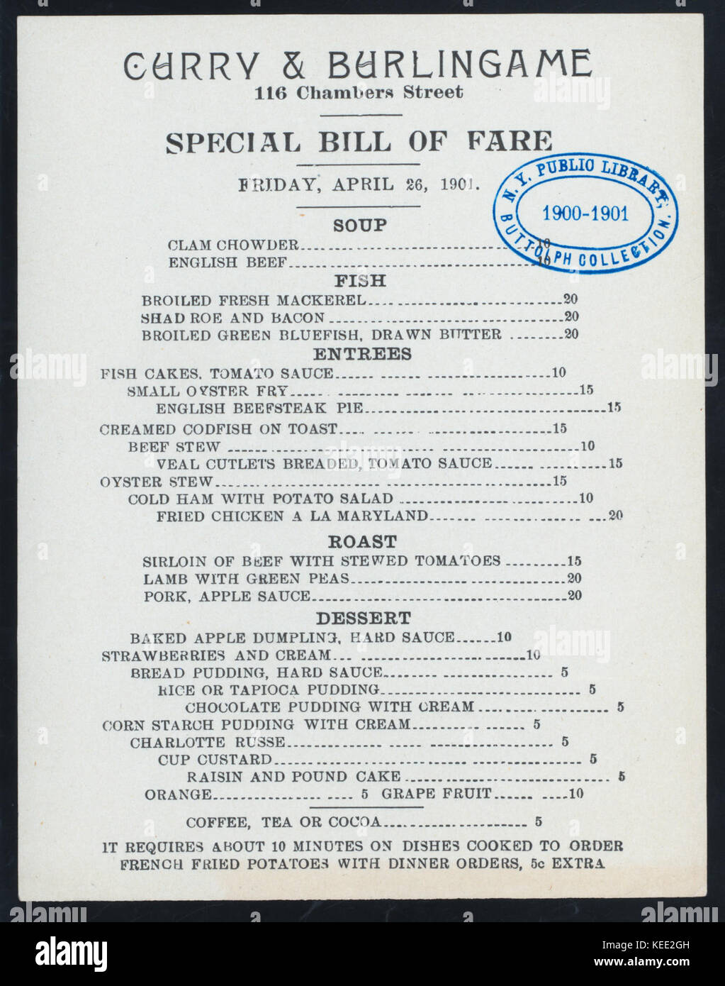 SPECIAL BILL OF FARE (held by) CURRY & BURLINGAME (at) NEW YORK, NY ...
