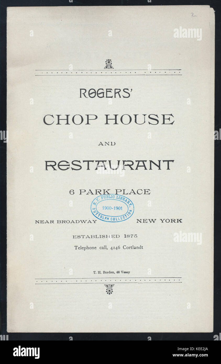 MENU (held by) ROGERS' CHOP HOUSE AND RESTAURANT (at) NEW YORK, NY ...