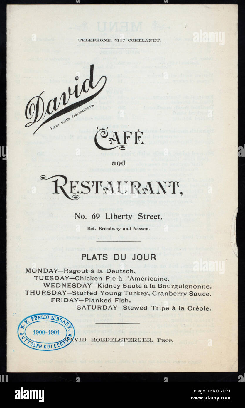DINNER (held by) DAVID CAFE AND RESTAURANT (at) 69 LIBERTY STREET (NEW ...