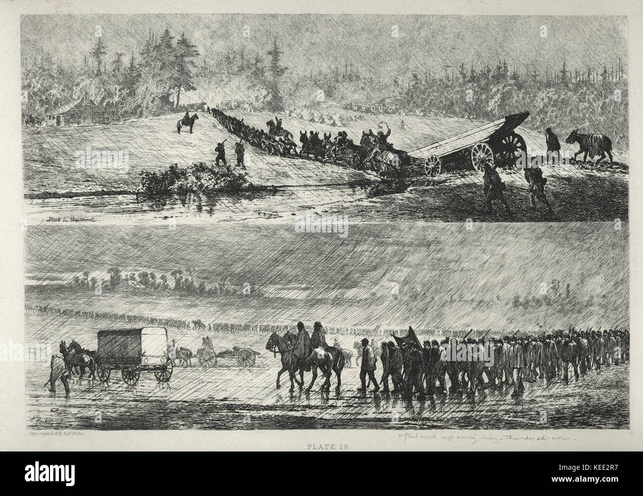 This photograph depicts soldiers marching through rain and mud, part of ...