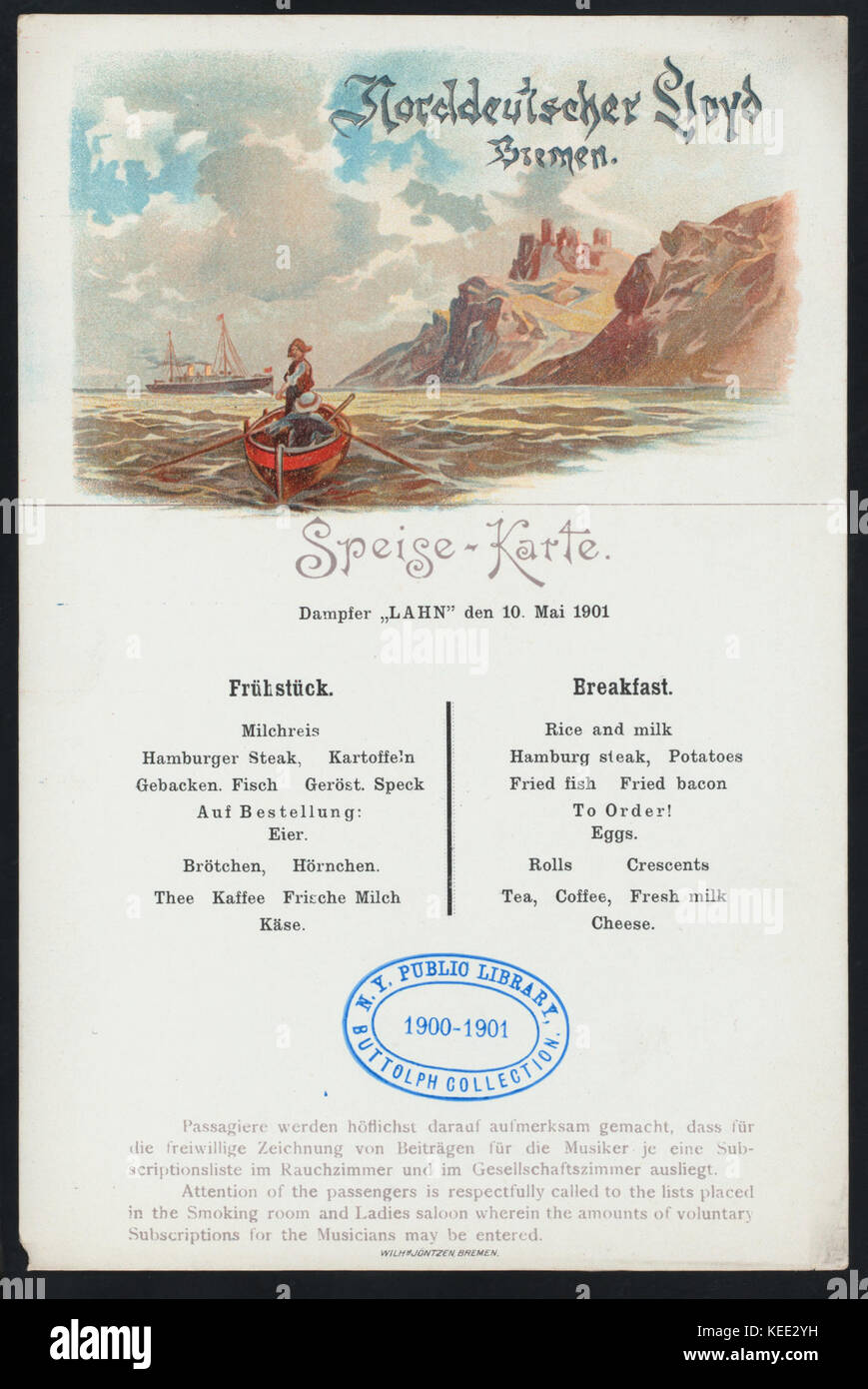BREAKFAST (held by) NORDDEUTSCHER LLOYD BREMEN (at) EN ROUTE SS LAHN ...