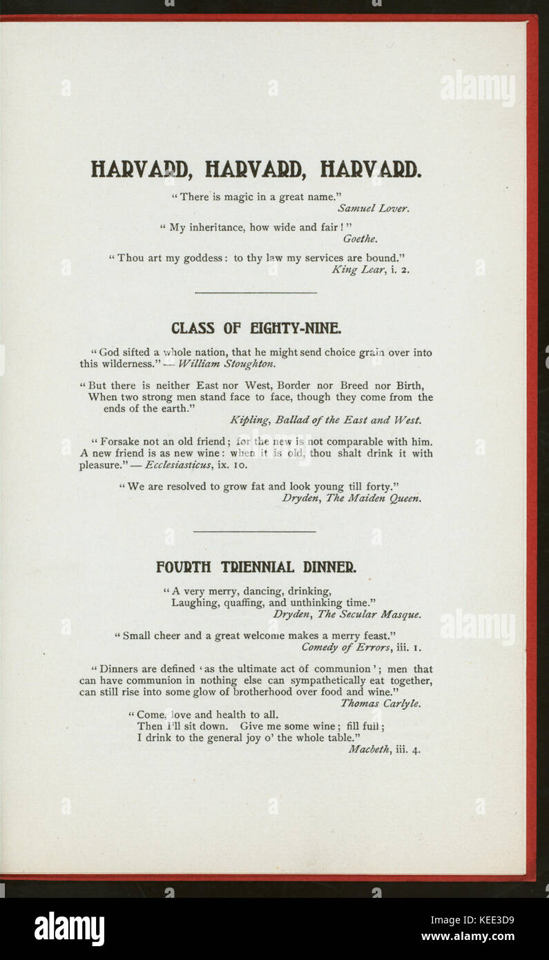 DINNER,FOURTH TRIENNIAL (held by) CLASS OF 1889 HARVARD (at) HOTEL ...
