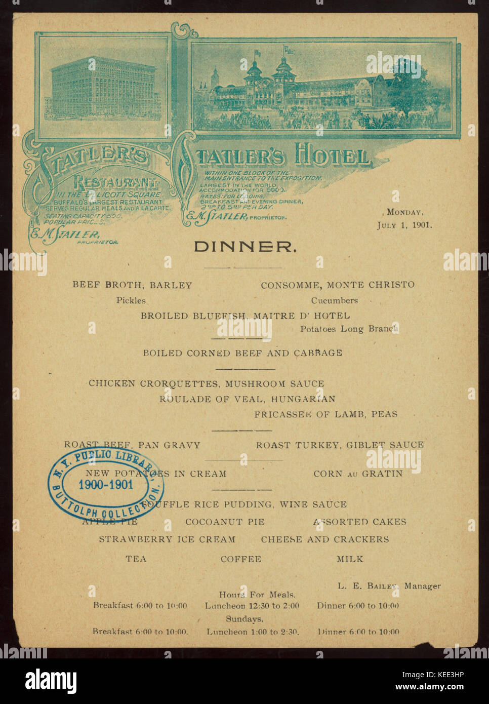 DINNER (held by) STATLER'S HOTEL AND RESTAURANT (at) ELLICOTT SQUARE ...