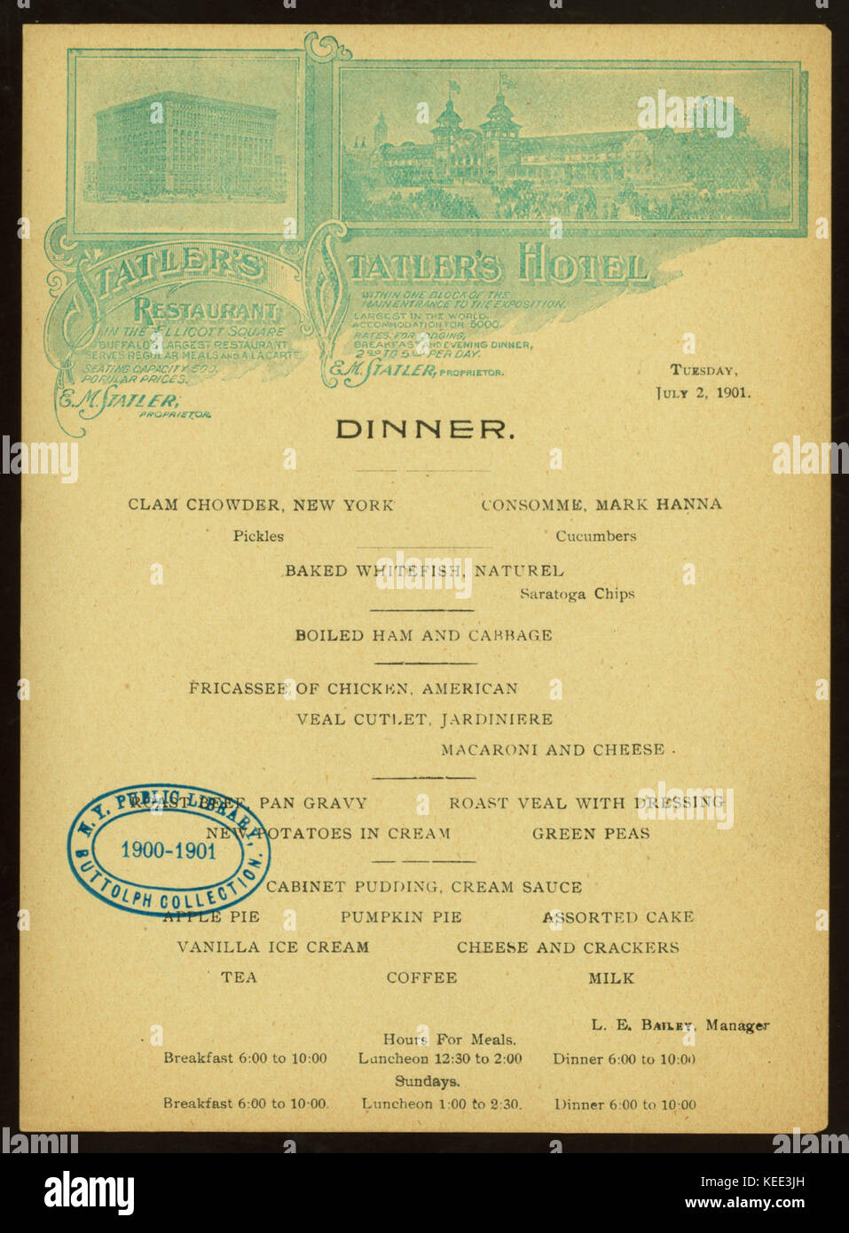 DINNER (held by) STATLER'S HOTEL AND RESTAURANT (at) ELLICOTT SQUARE ...
