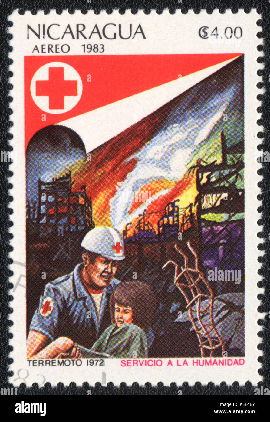 A postage stamp printed in NICARAGUA shows Salvation by fire, from ...