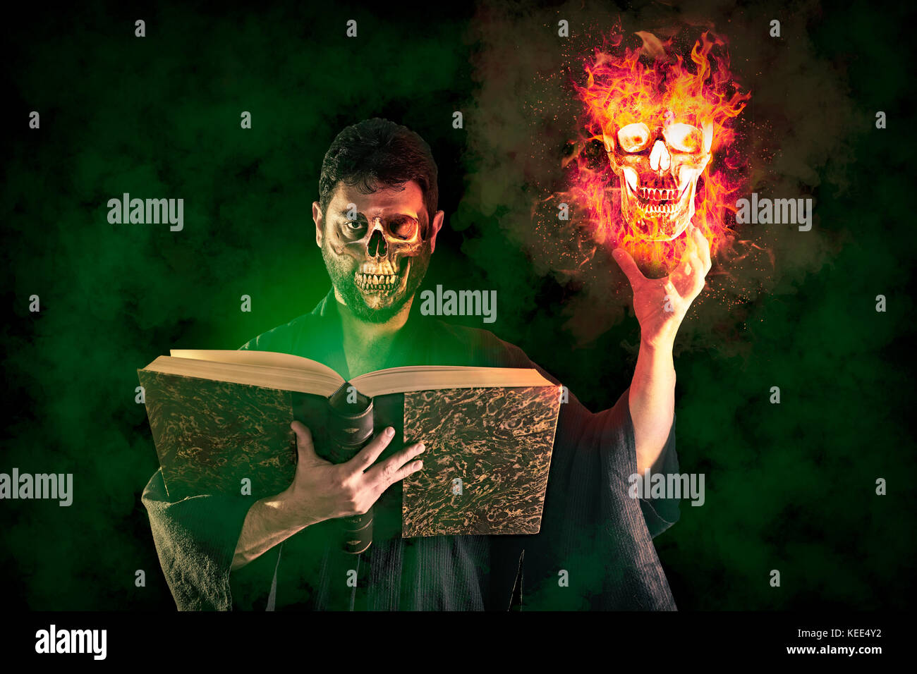 Undead Necromancer casting a flame skull spell halloween image Stock ...