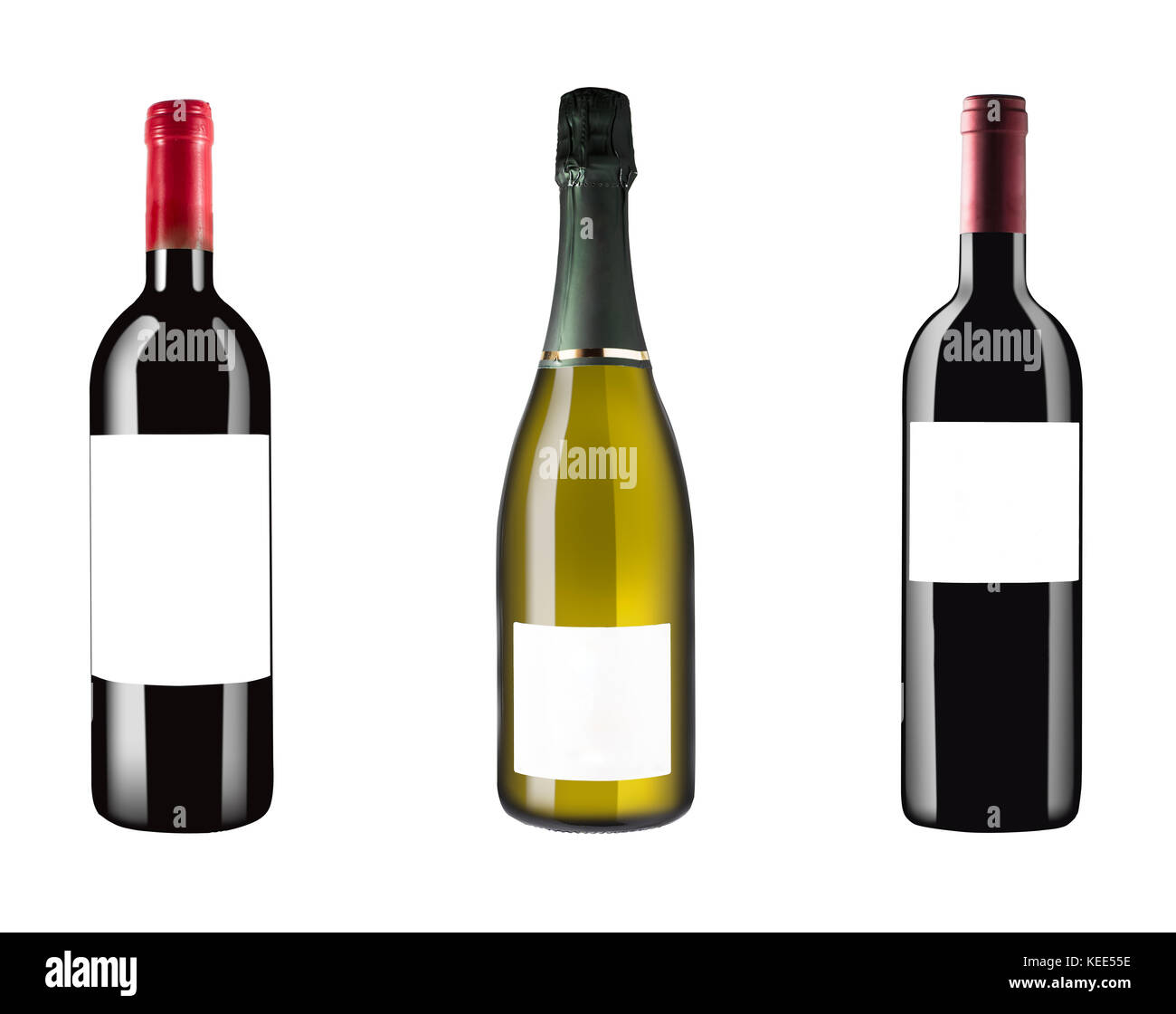 Three italian wine bottles isolated on white background and blank label ...