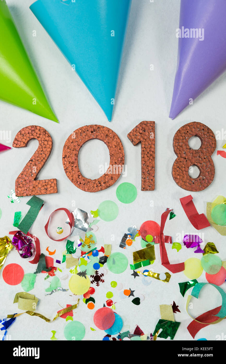 New year 2018 with party hat and decoration on white background Stock ...
