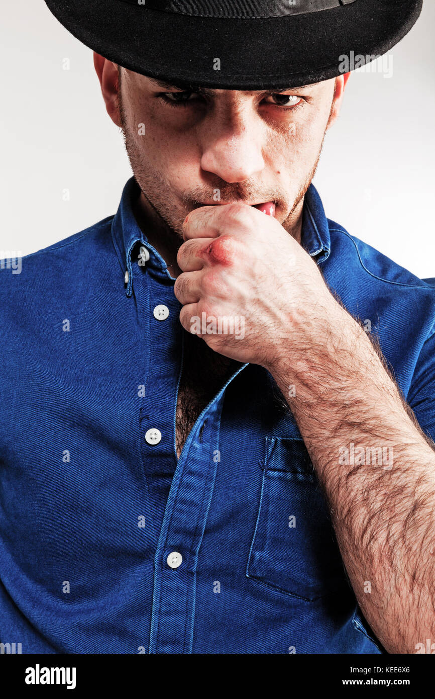 Man on white background, Mysterious look Stock Photo - Alamy