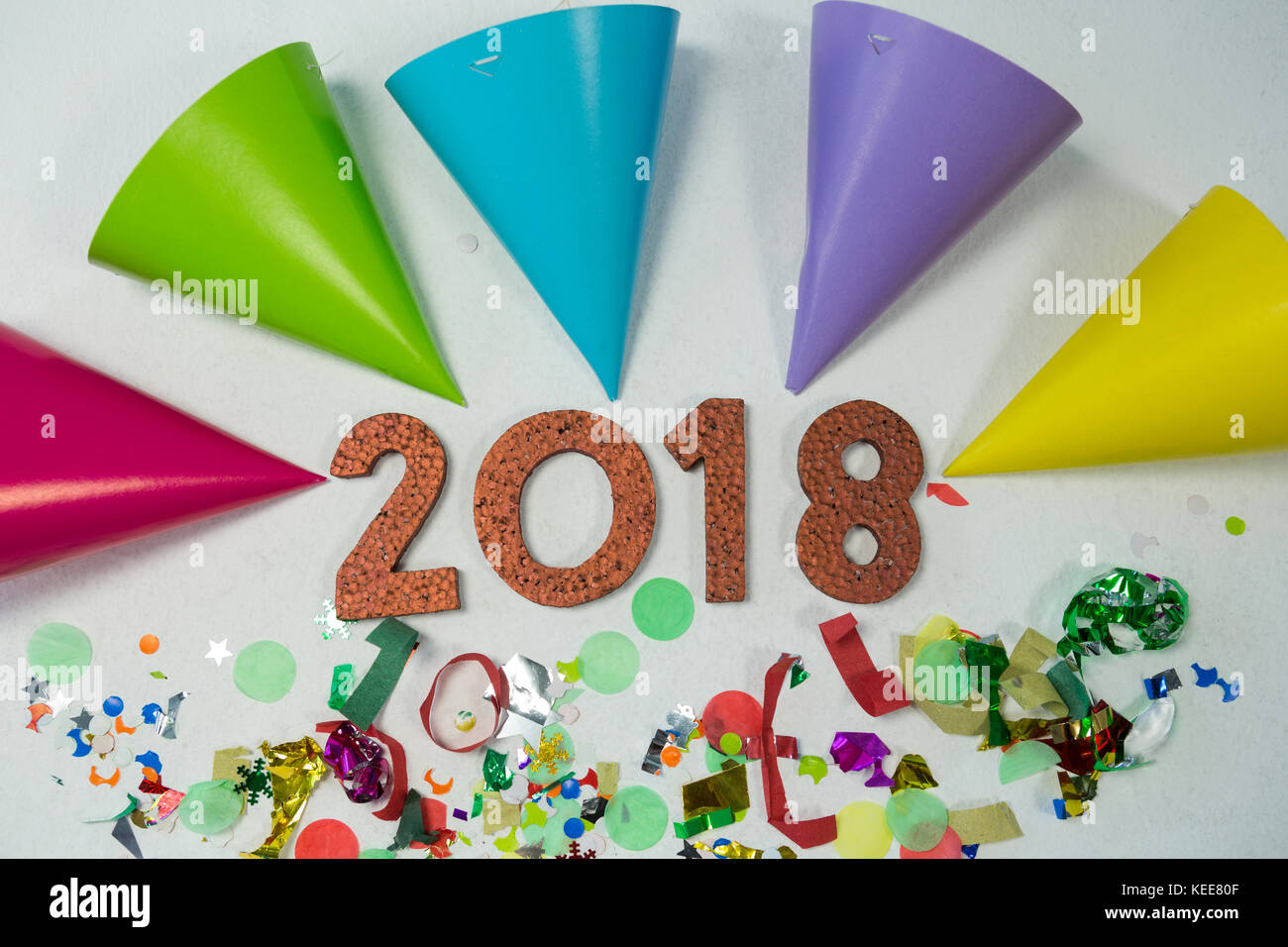 New year 2018 with party hat and decoration on white background Stock ...