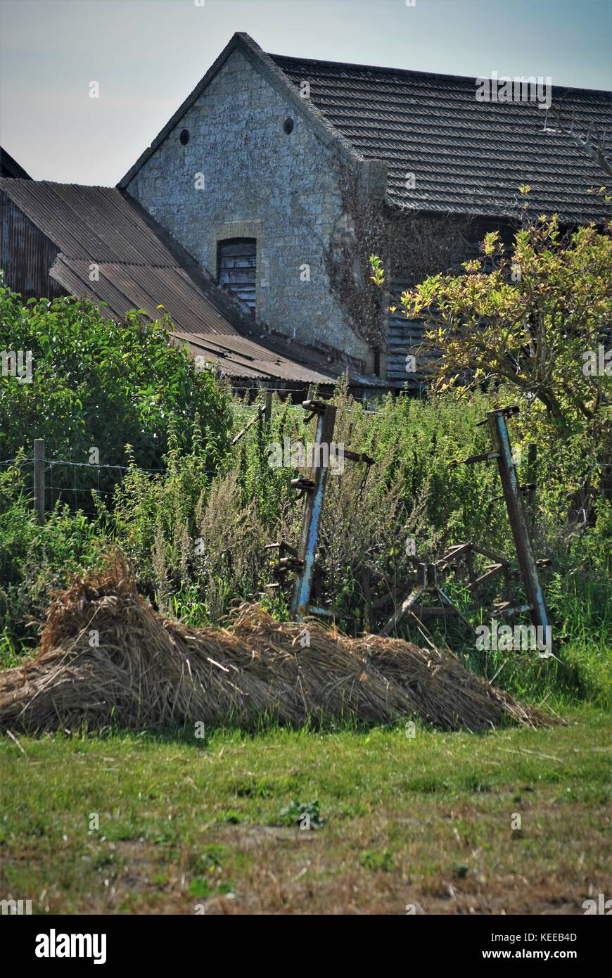 Farm building bard view from field edge with corn stack Stock Photo - Alamy
