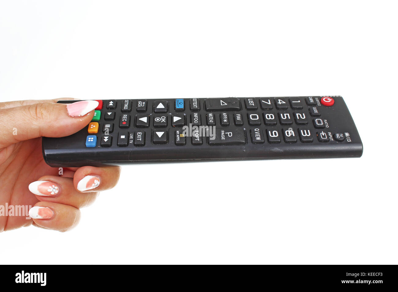 Woman hand holding remote control on isolated white cutout background ...