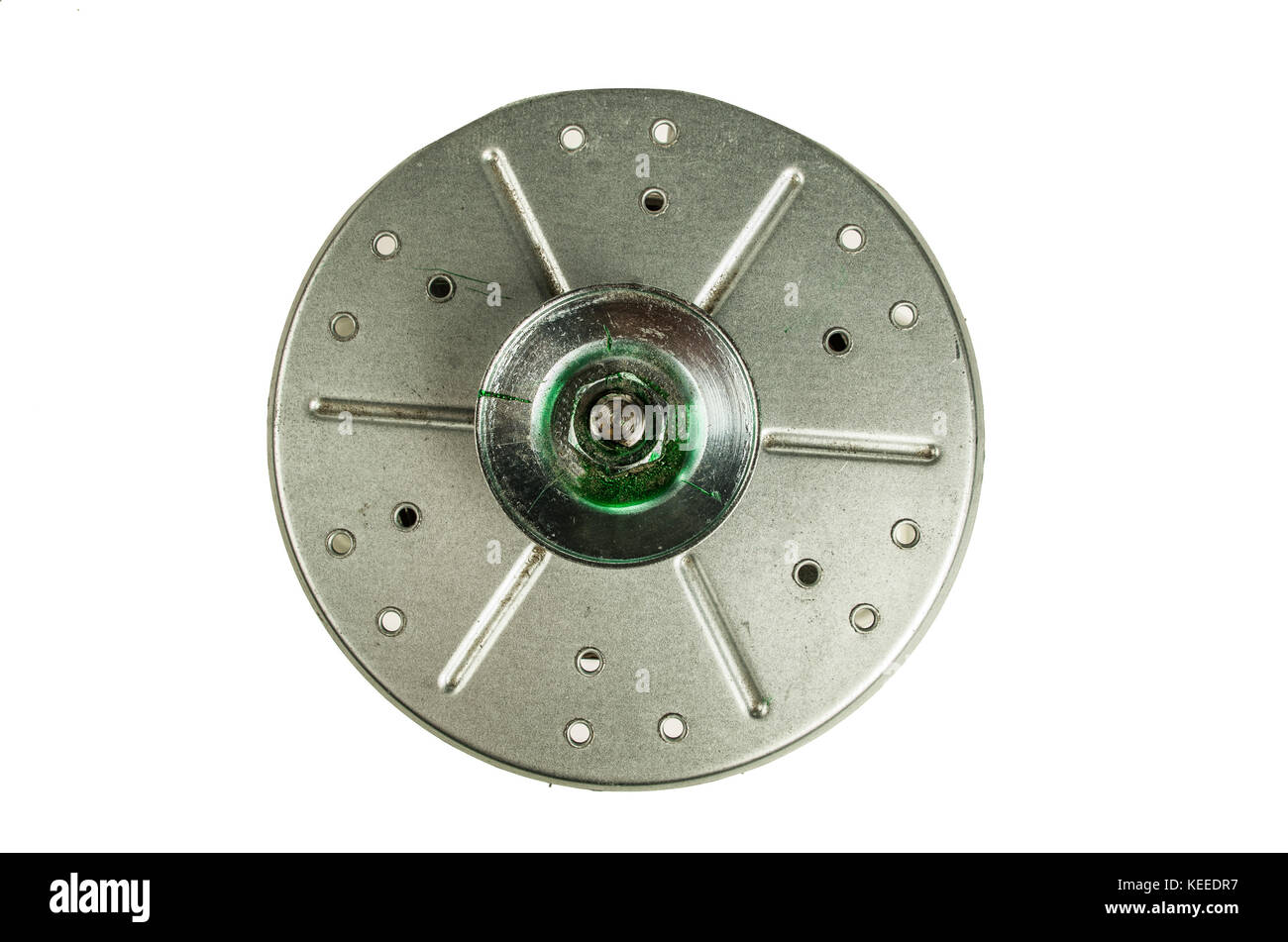 Close up of a metallic electric system on white background, in a white ...