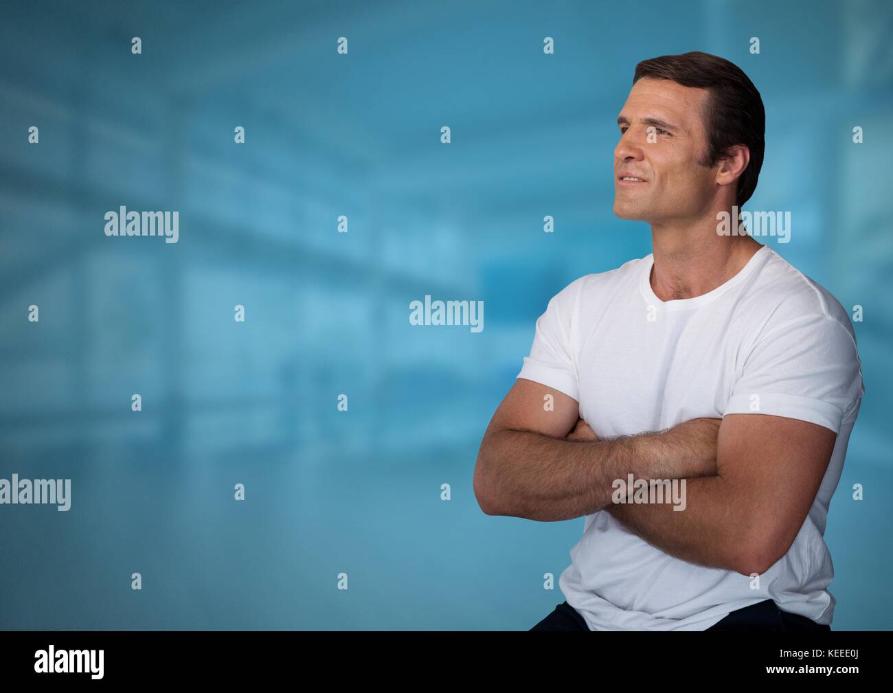 Digital composite of Strong Man thinking with blue background Stock ...