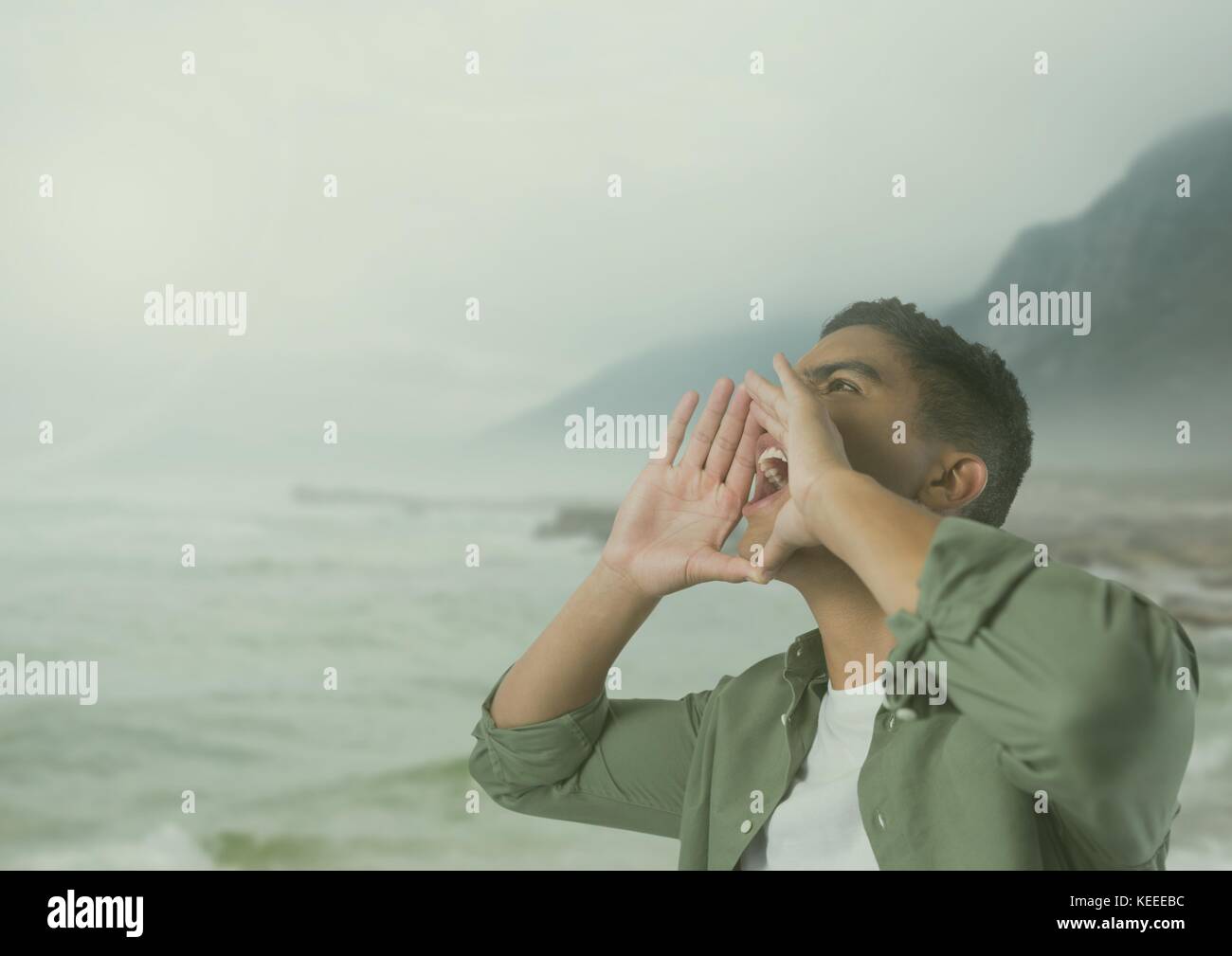 Digital composite of man shouting by sea Stock Photo - Alamy