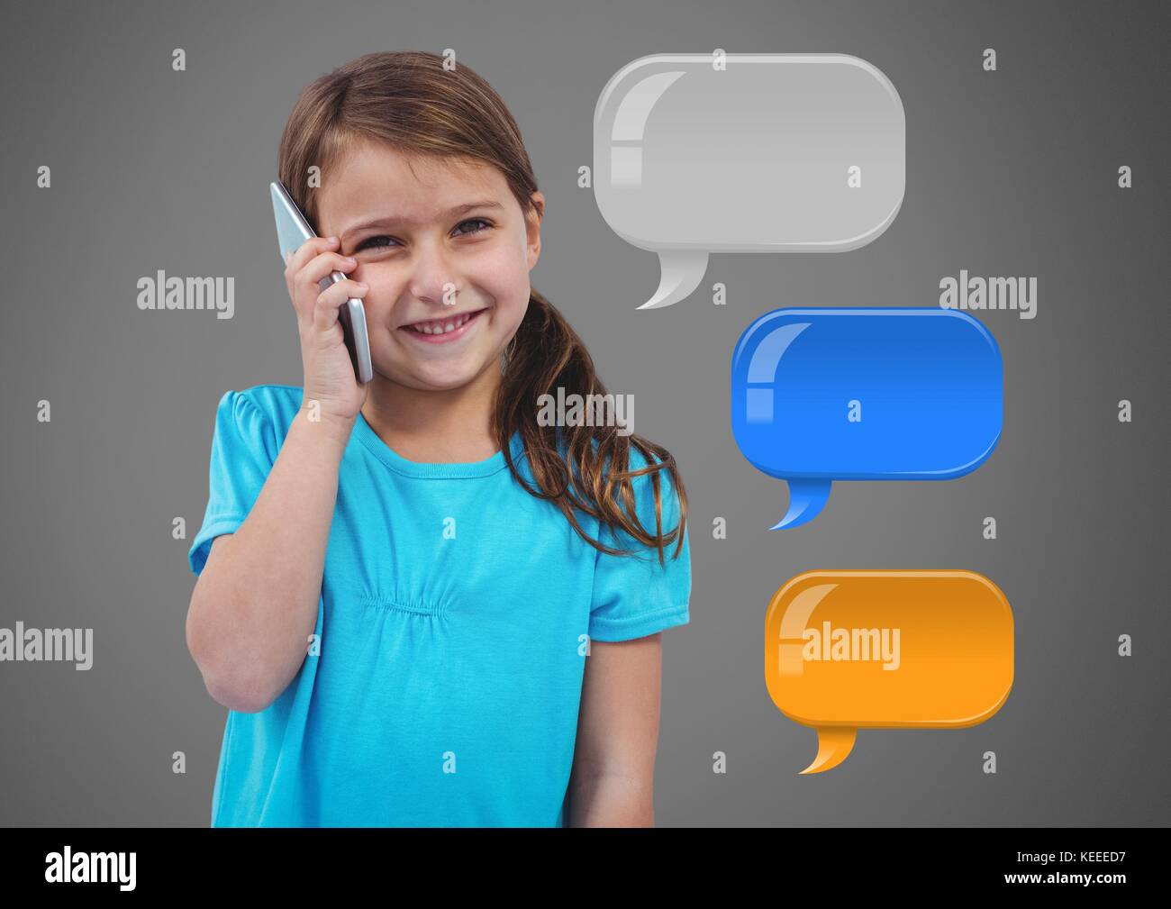 Digital composite of Girl against grey background with phone and chat ...