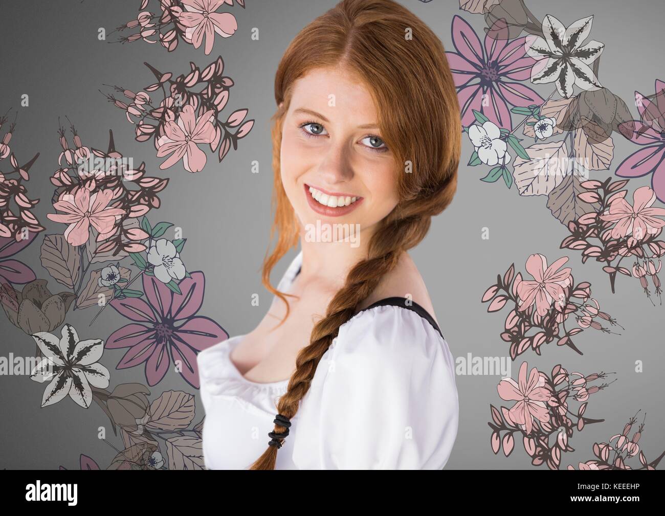 Digital composite of Beautiful young woman against grey background with ...