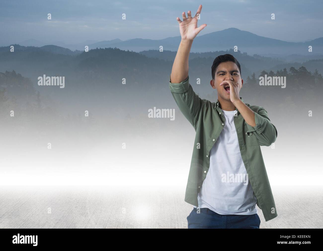 Digital composite of Man shouting in mountains Stock Photo - Alamy