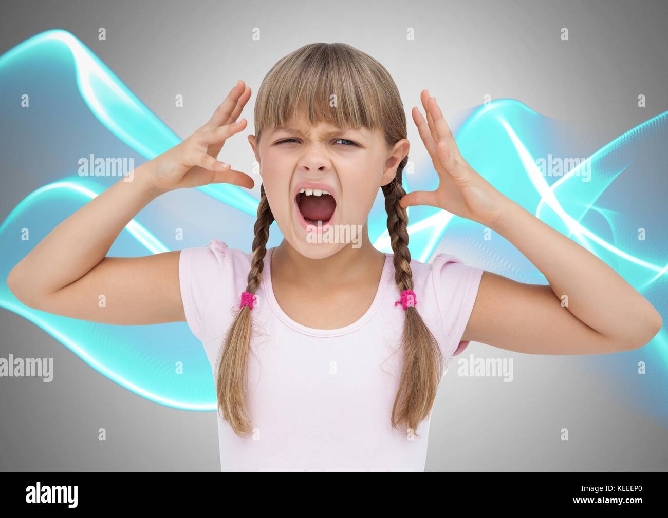Digital composite of Girl against grey background screaming frustrated ...