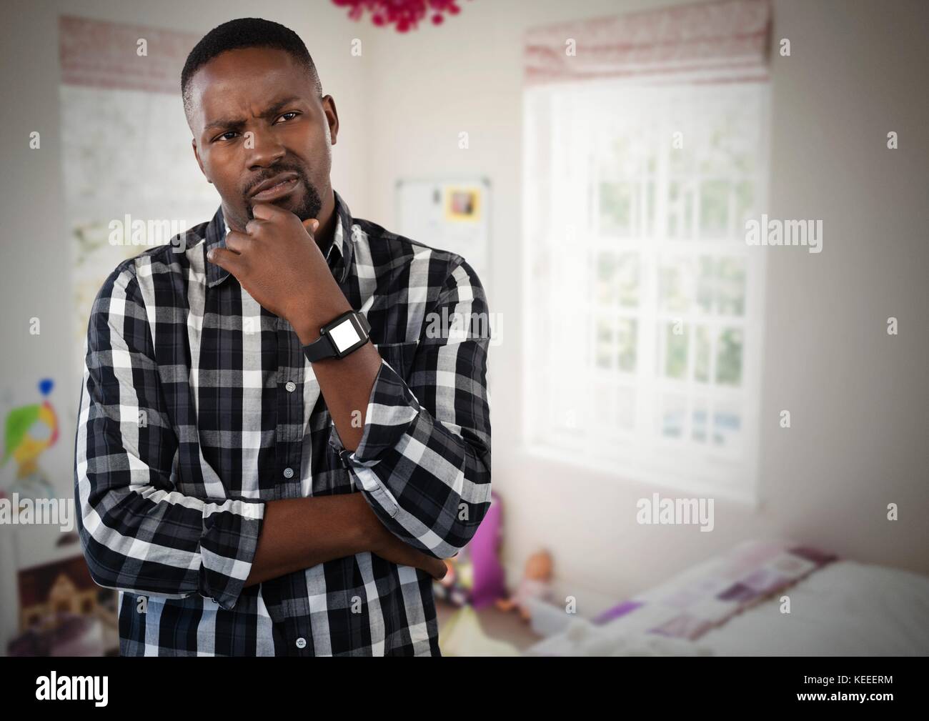 Digital composite of Father thinking hard in daughter's bedroom Stock ...