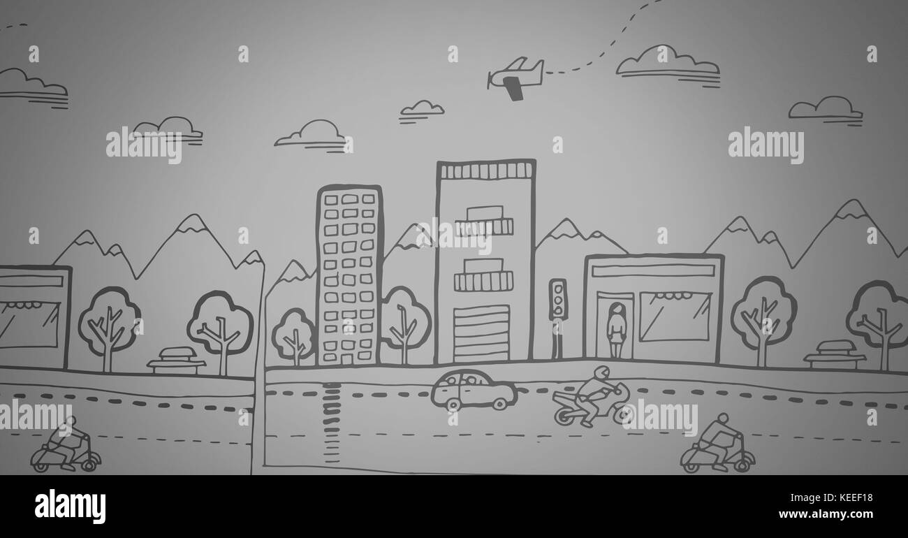 Digital composite of Grey background with town drawings Stock Photo - Alamy