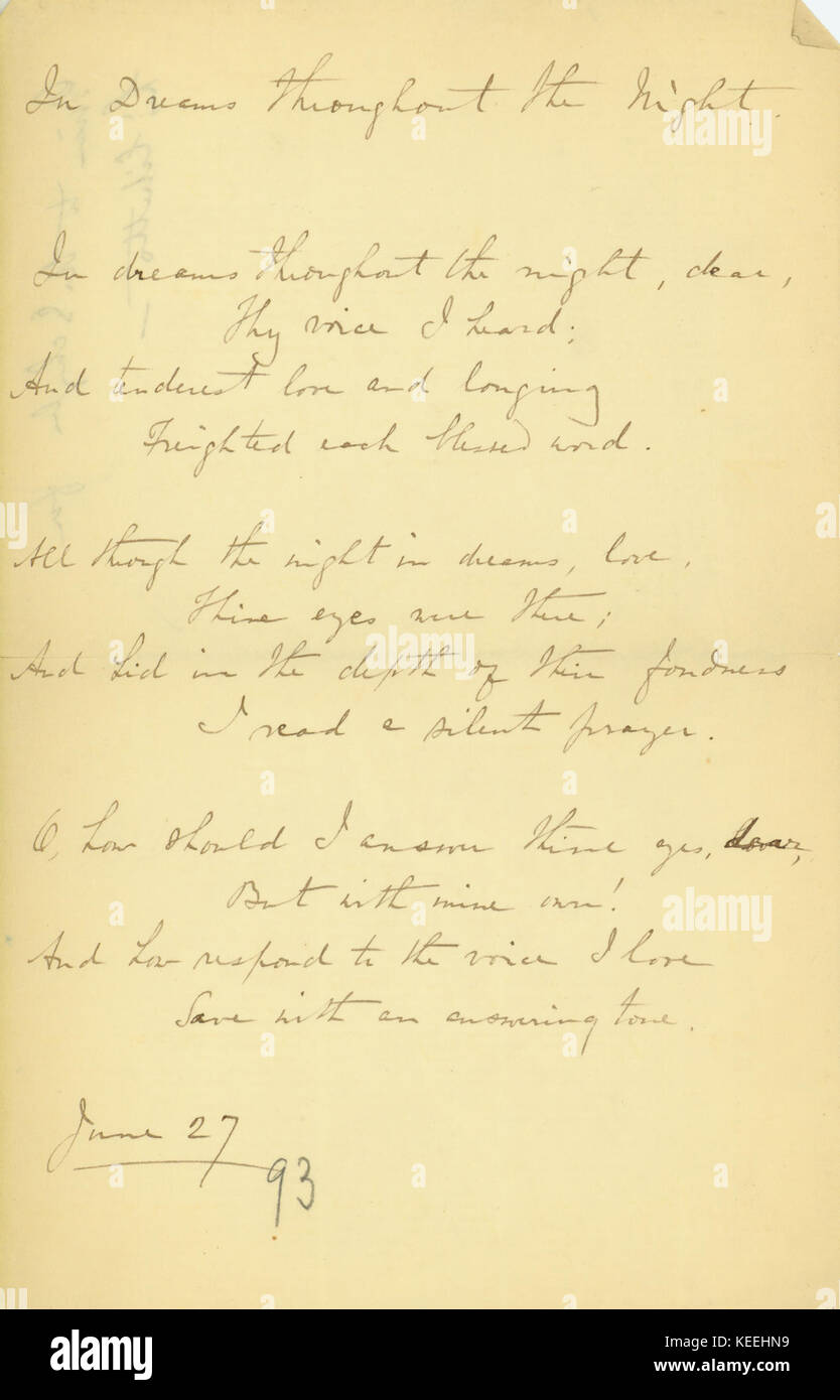Original manuscript of poem, In Dreams Throughout, by Kate Chopin, June ...