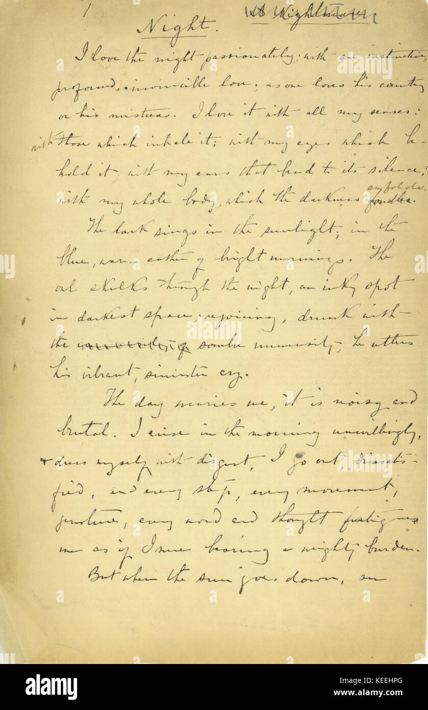Original manuscript of short story, Night, by Kate Chopin, 1898 Stock ...