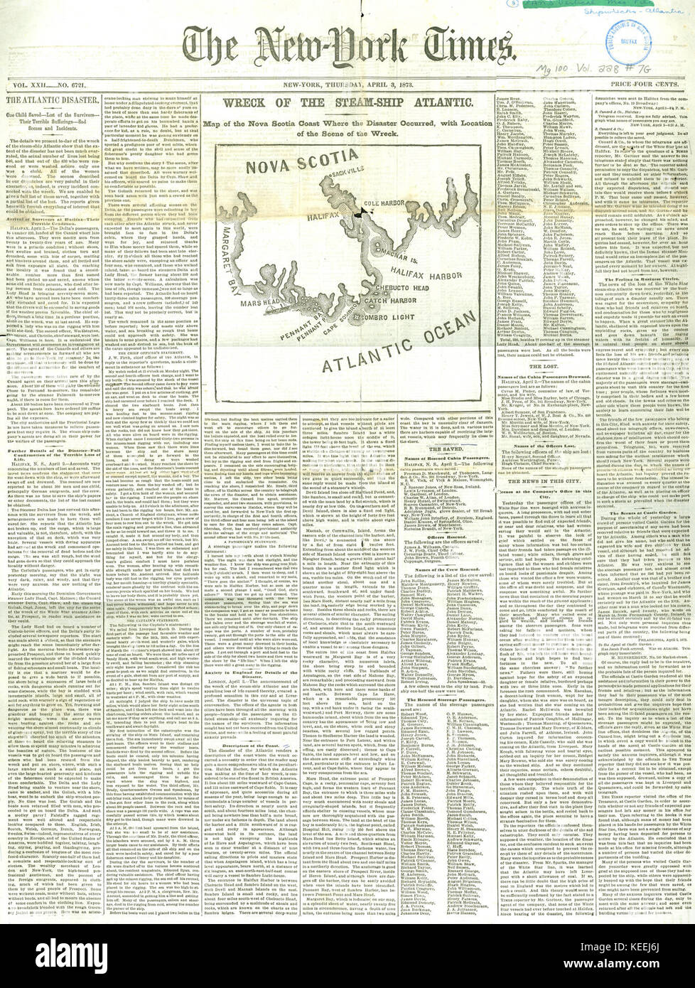 The front-page article from The New York Times, dated April 3, 1873 ...