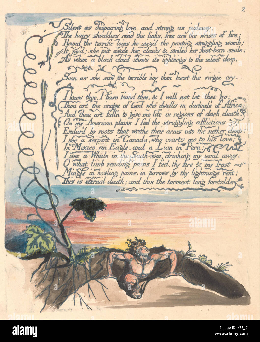 William Blake America. A Prophecy, Plate 4, Silent as despairing love ...