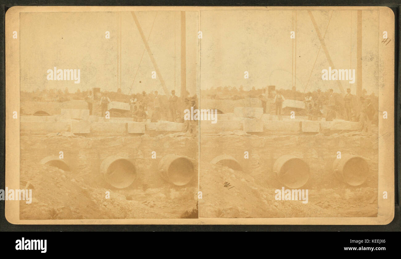 An illustration from 1876 depicting the Boston water works ...