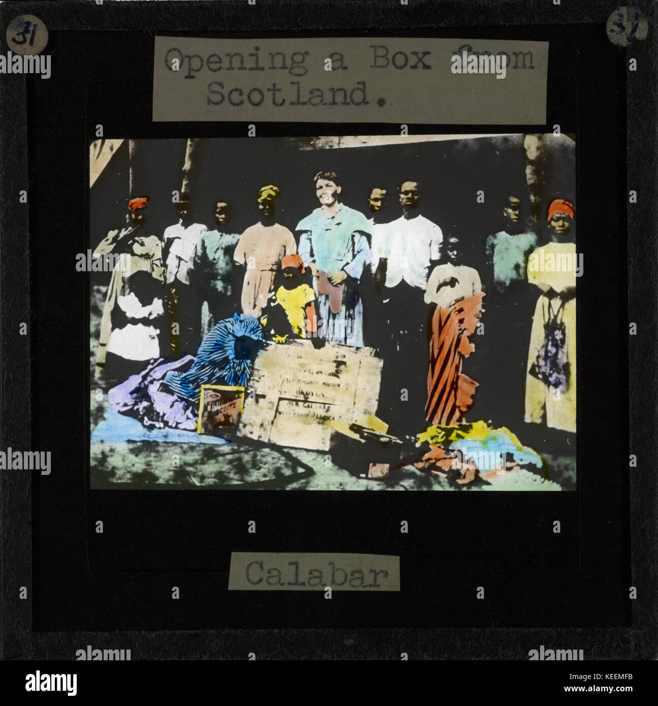 A late 19th-century image depicting the opening of a box from Scotland ...