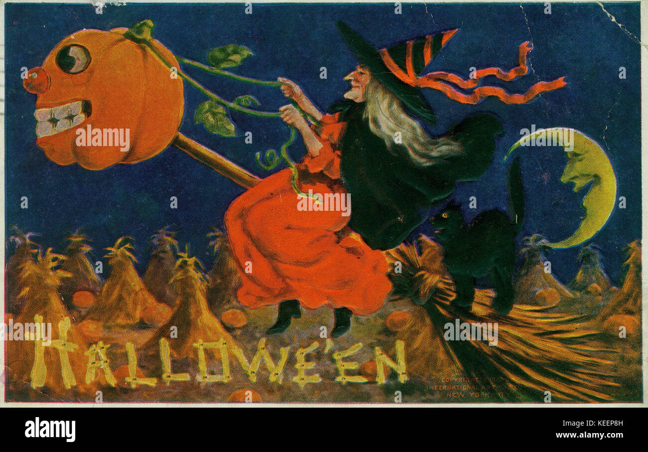 Hallowe'en. (A Witch riding a broomstick being pulled by a jack o ...
