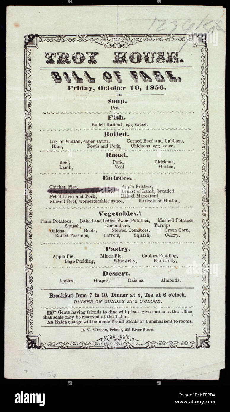 This menu from Troy House Hotel, dated in the 19th century, offers ...